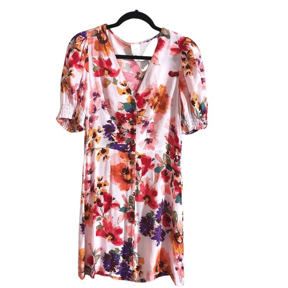 H&M | Dresses | Hm Watercolor Floral Vneck Button Down Puff Sleeve ...